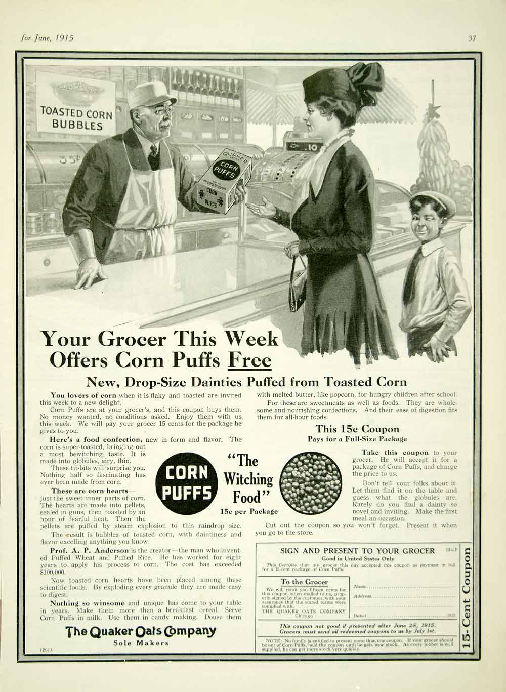 1915 Ad Corn Puffs Quaker Oats Breakfast Cereal Food Grocer Grocery St ...