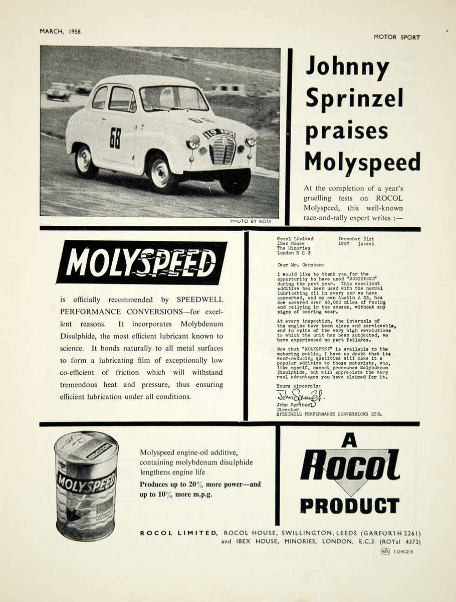1958 Ad Rocol Molyspeed Motor Oil Petroleum Johnny Sprinzel Car Automo ...