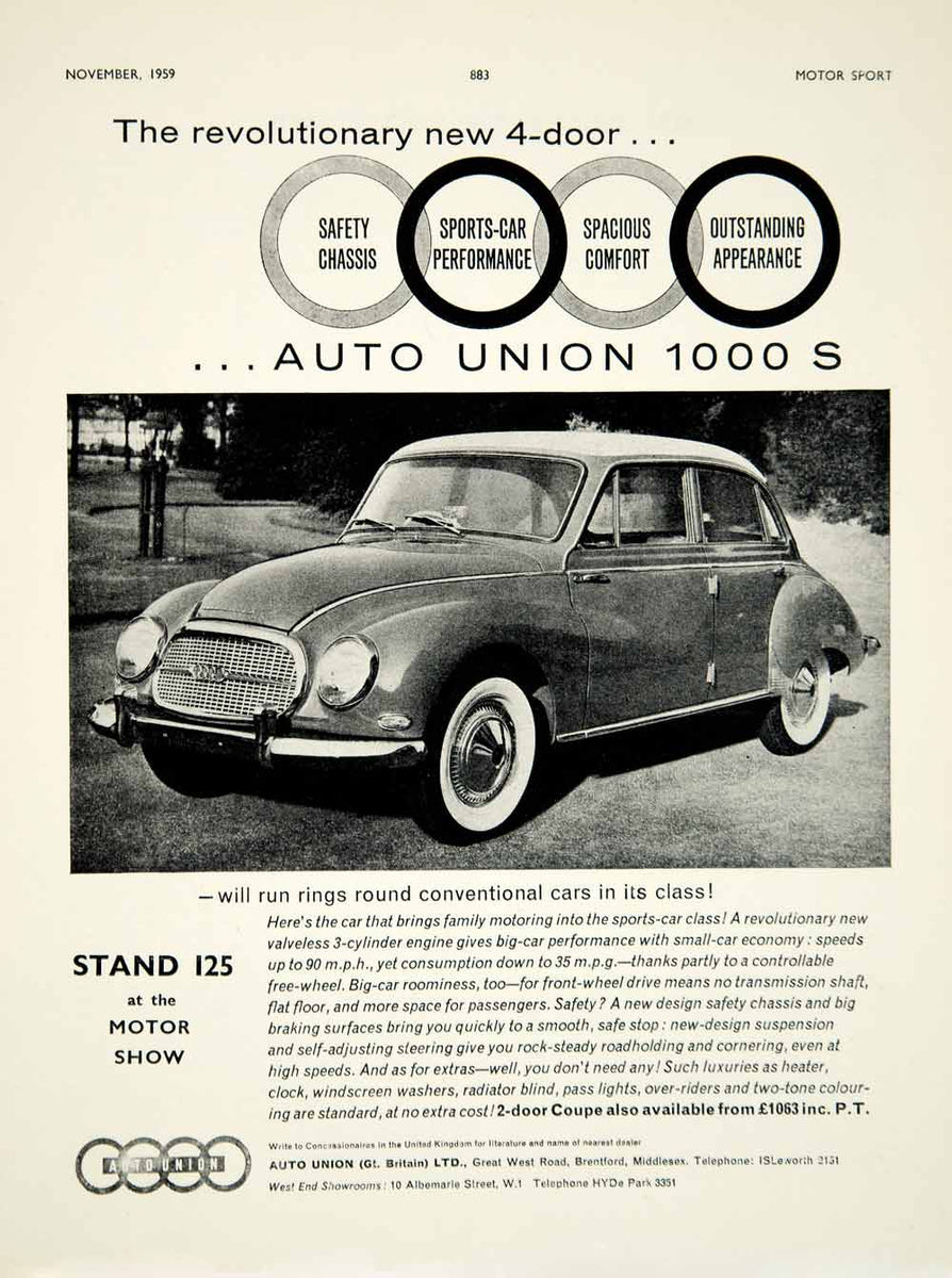 1959 Ad 1960 Auto Union 1000S 4Door Saloon Car Classic Automobile Coll ...
