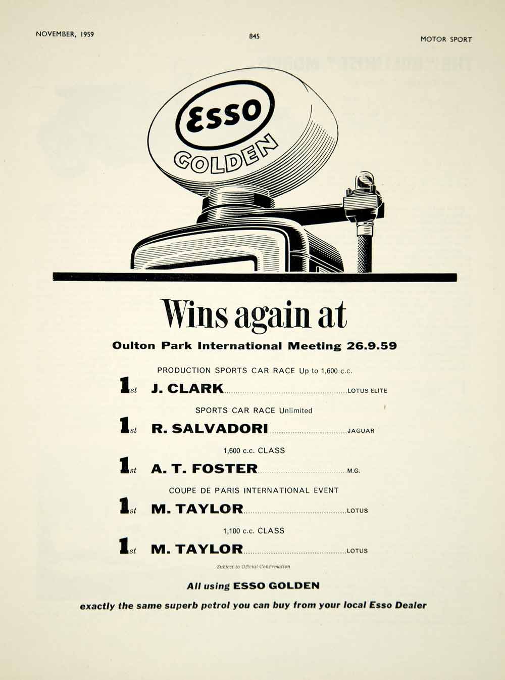 1959 Ad Esso Golden Petrol Oil Gas Fuel Car Automobile Oulton Park Rac ...