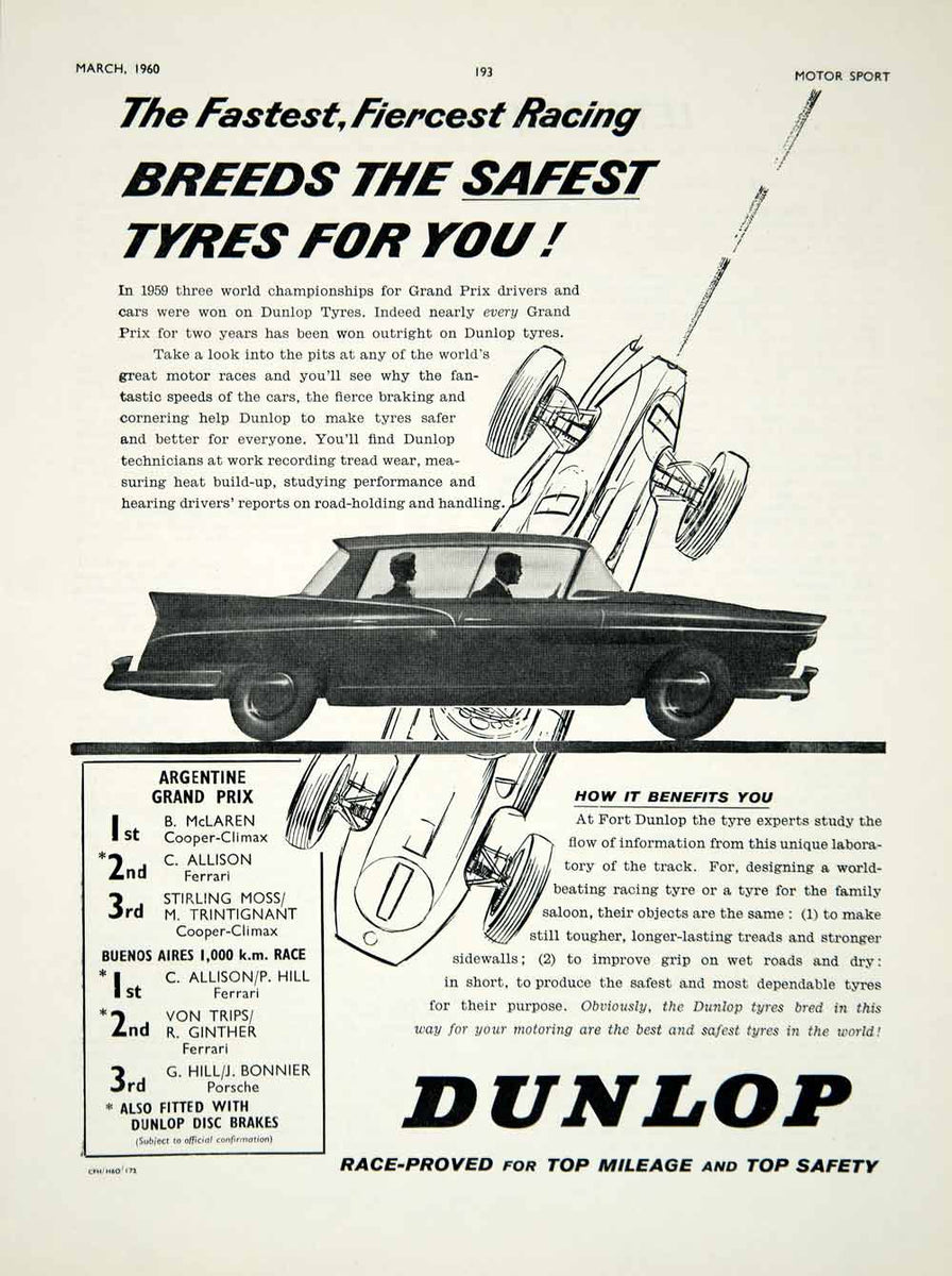 1960 Ad Dunlop Tyre Tires Car Auto Part Argentine Grand Prix Race Form ...