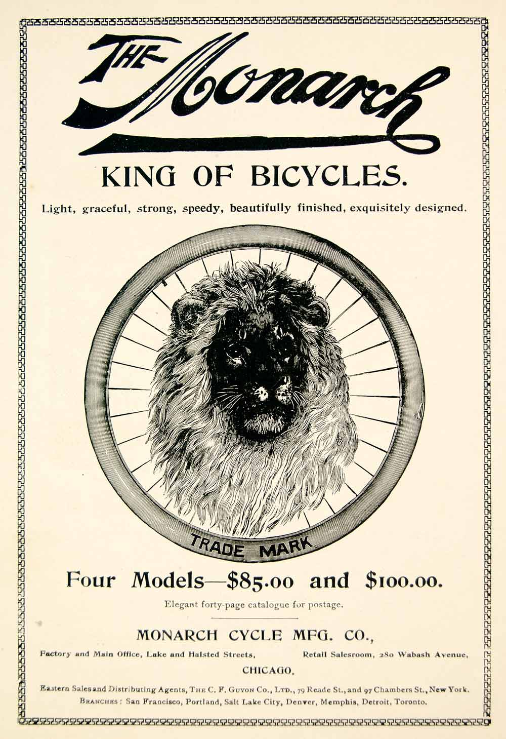 1895 Ad Antique Monarch Bicycle Cycle King of Bicycles Lion Trademark ...