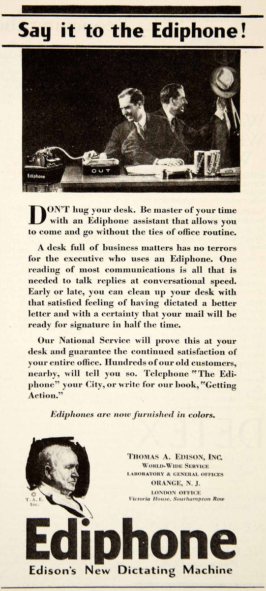 1928 Ad Thomas Edison Ediphone Dictating Machine Work Employee Portrai ...