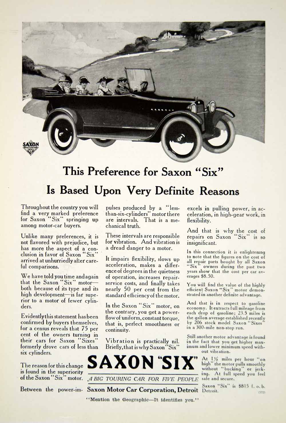 1916 Ad Saxon Six Motor Car Corporation Detroit Michigan Automobile Ve ...