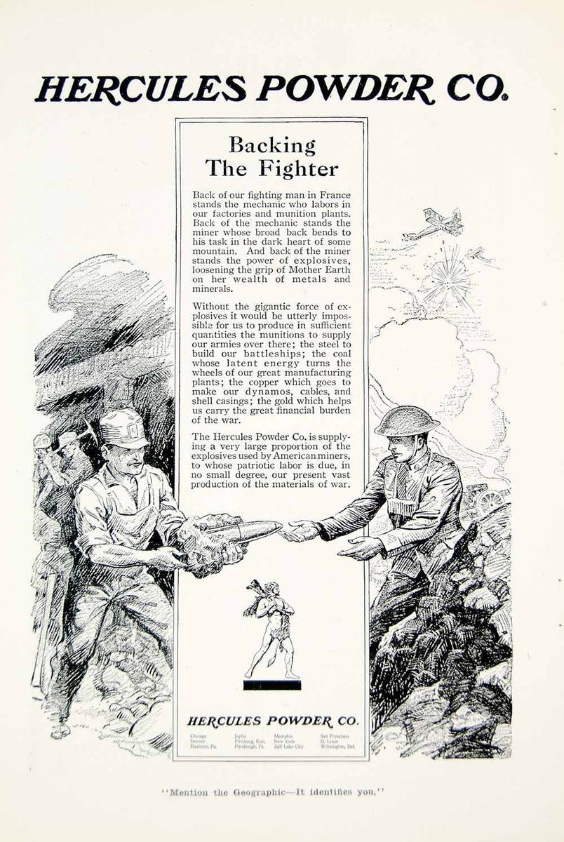 1918 Ad WWI Hercules Powder Explosives Shell Bomb Miner Soldier World ...
