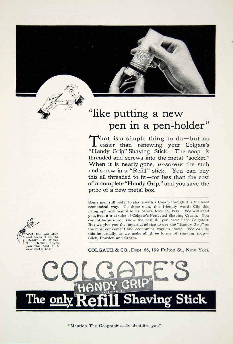 1919 Ad Colgate Handy Grip Shaving Stick Hygiene Health Facial Hair Re ...
