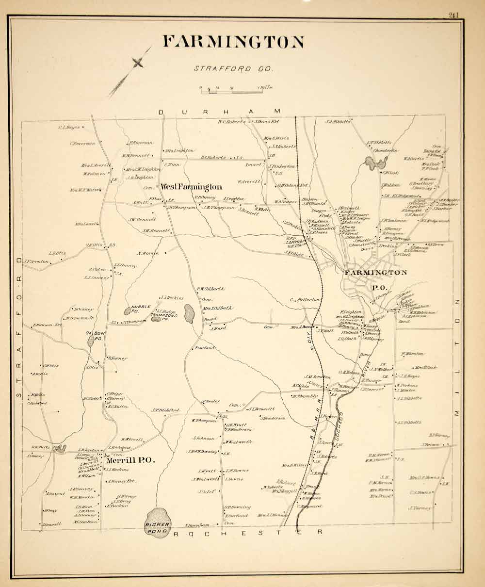 1892 Lithograph Map Farmington Town Strafford County New Hampshire New ...
