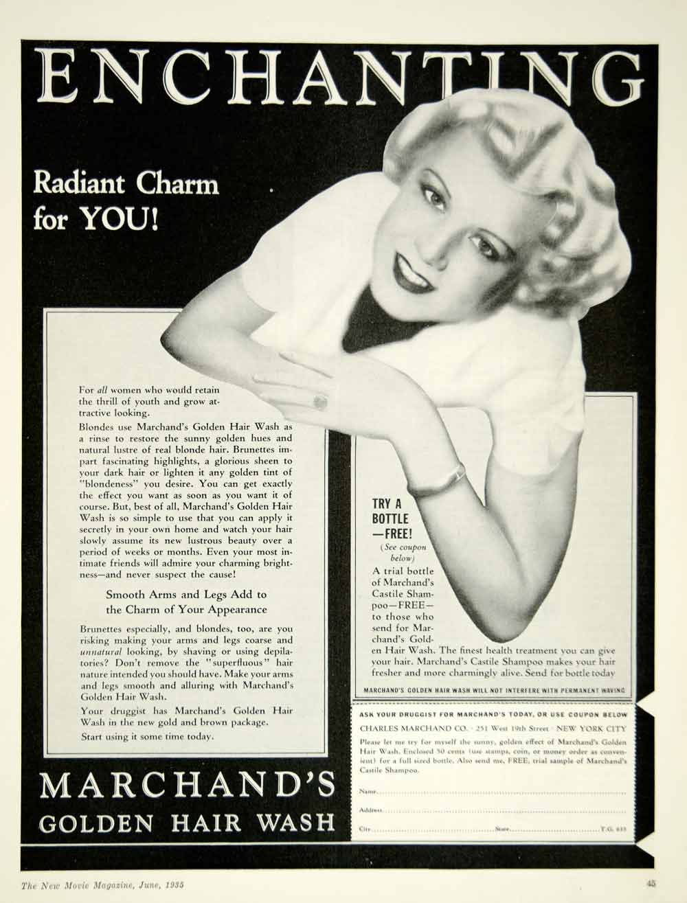 1935 Ad Charles Marchand's Golden Hair Wash Color Rinse Coloring Shamp ...