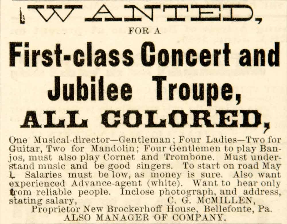 1886 Ad Antique Black Americana Colored Performers Concert Jubilee Tro ...