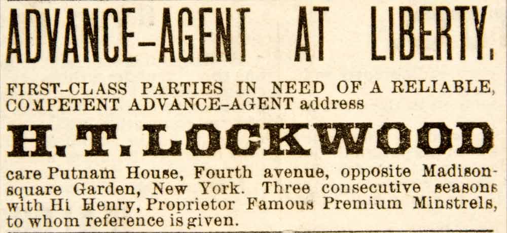1886 Ad Antique HT Lockwood Advance Agent Hi Henry Famous Premium Mins ...