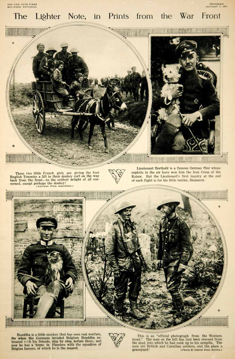 1917 Rotogravure WWI Soldiers Mud Rudolf Berthold Terrier Dog Monkey M ...