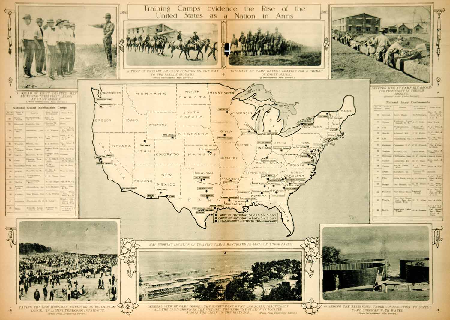 1917 Rotogravure Map World War I Training Camps United States Army His ...