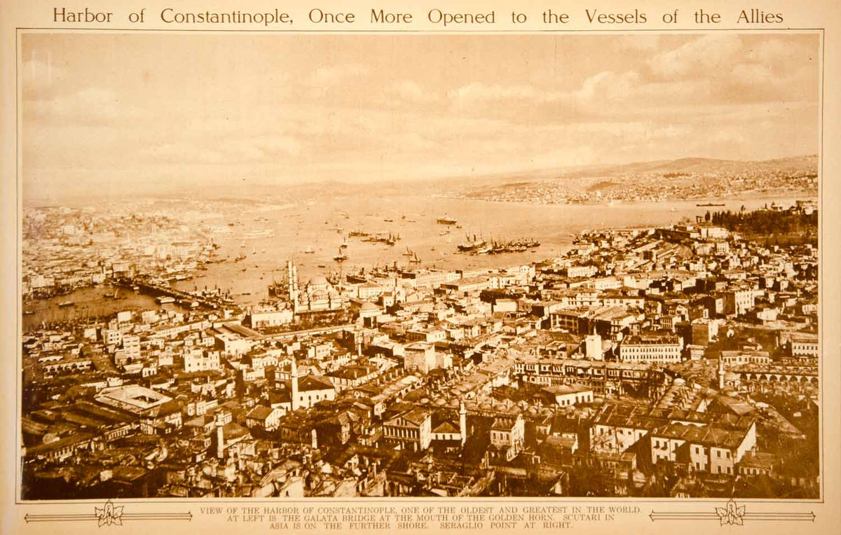 1918 Rotogravure WWI Constantinople Harbor Istanbul Galata Bridge Aeri ...