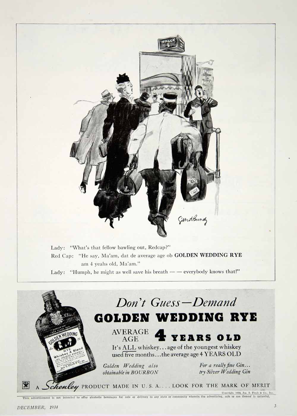 1934 Ad Jos S Finch Golden Wedding Rye Whiskey Gilbert Bundy Art Liquo ...