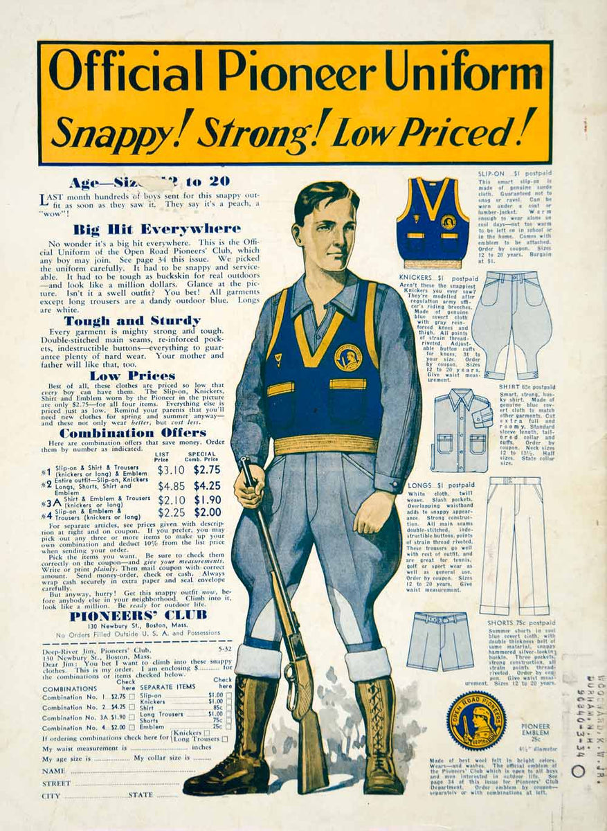 1932 Ad Official Pioneer Uniform Rifle Knickers Vest Shirt Clothing Sh ...
