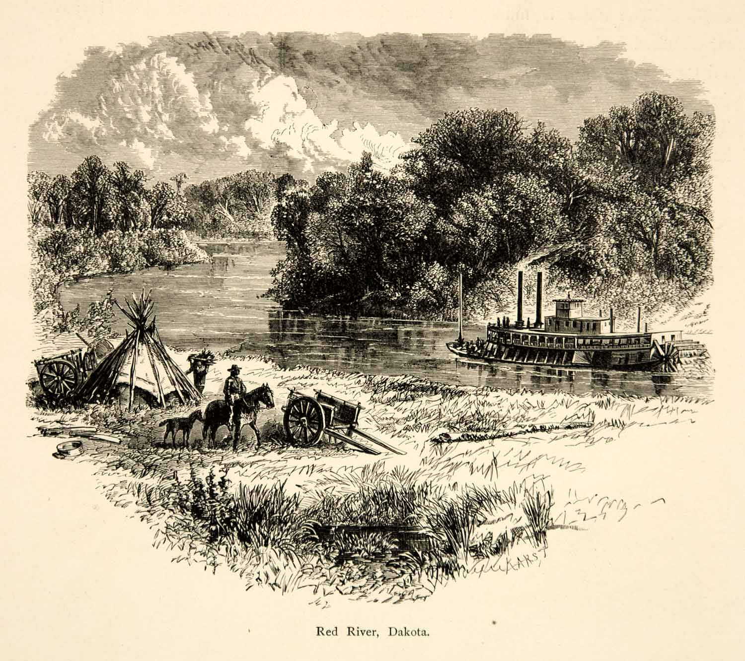 1894 Wood Engraving Red River North Dakota Steamer Paddlewheel Boat An ...