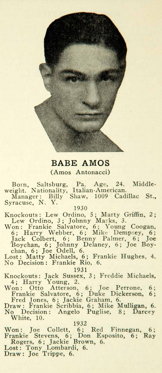 1936 Print Portrait Babe Amos Emil Antonacci Welterweight Boxer Athlet ...