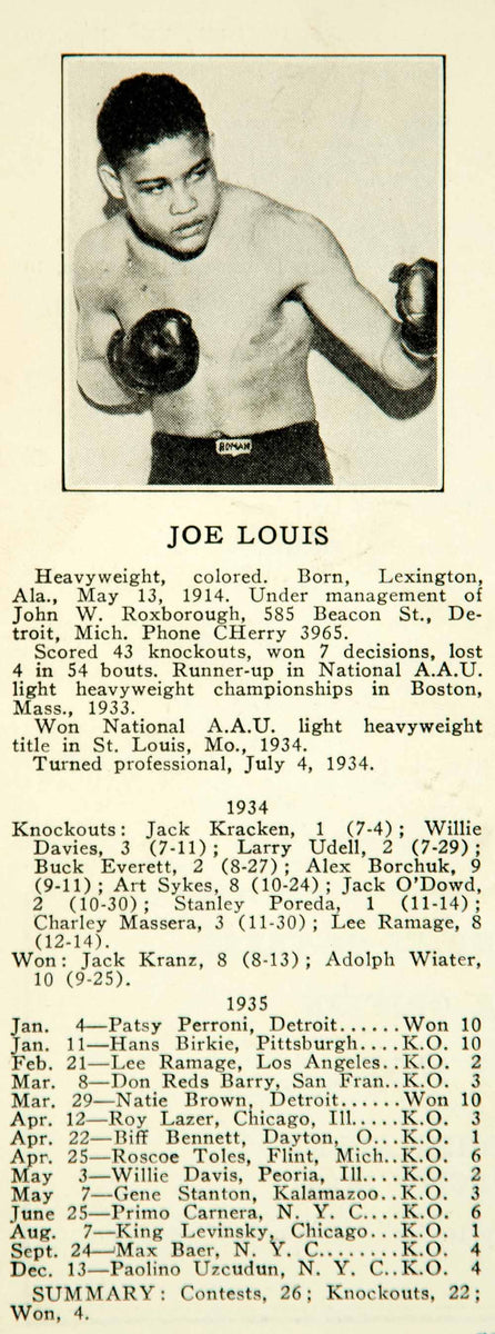 1936 Print Portrait Joe Louis Brown Bomber Heavyweight Boxer Black YPB ...