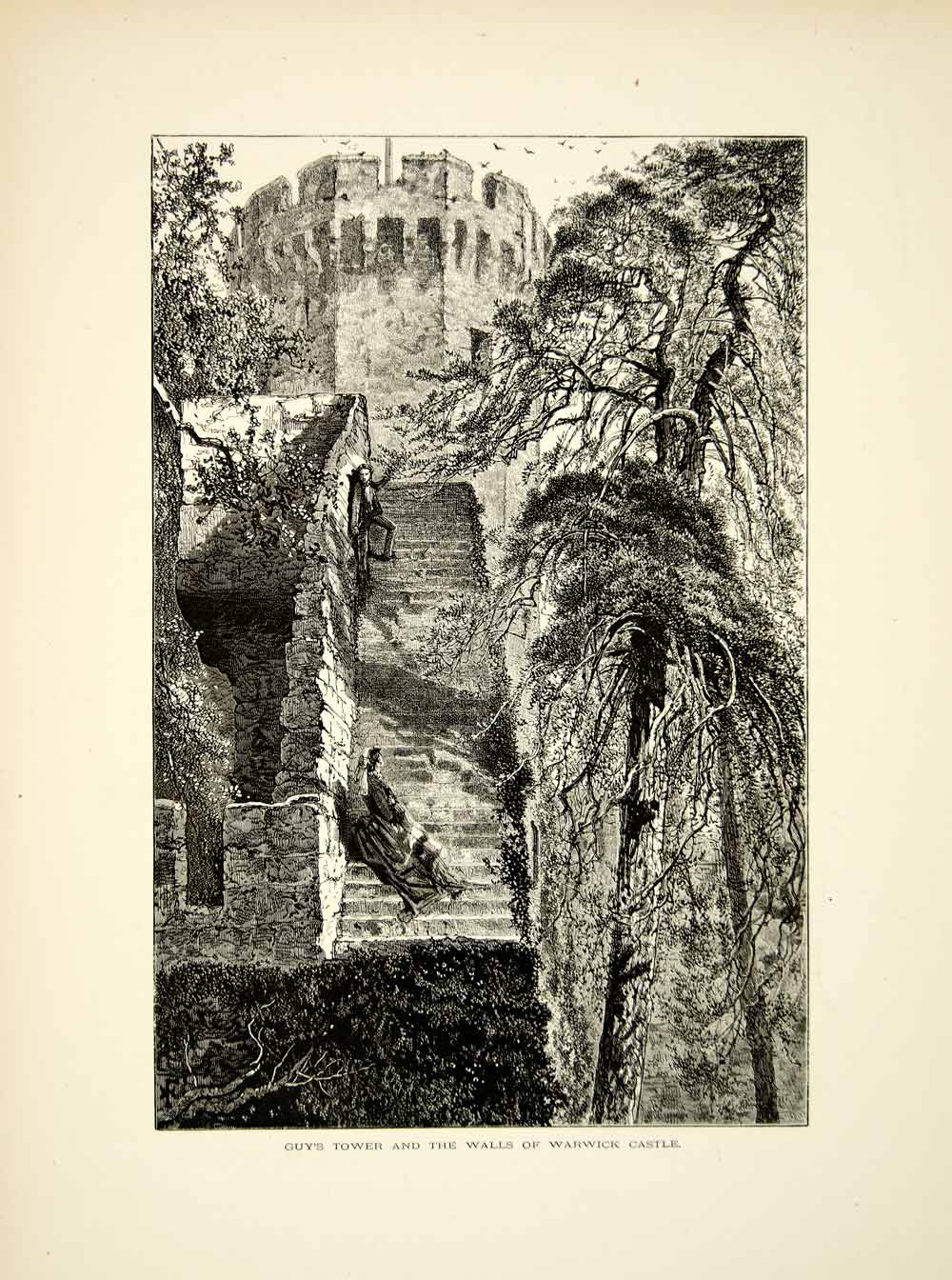 1876 Wood Engraving Guys Tower Walls Warwick Castle Steps Architecture ...