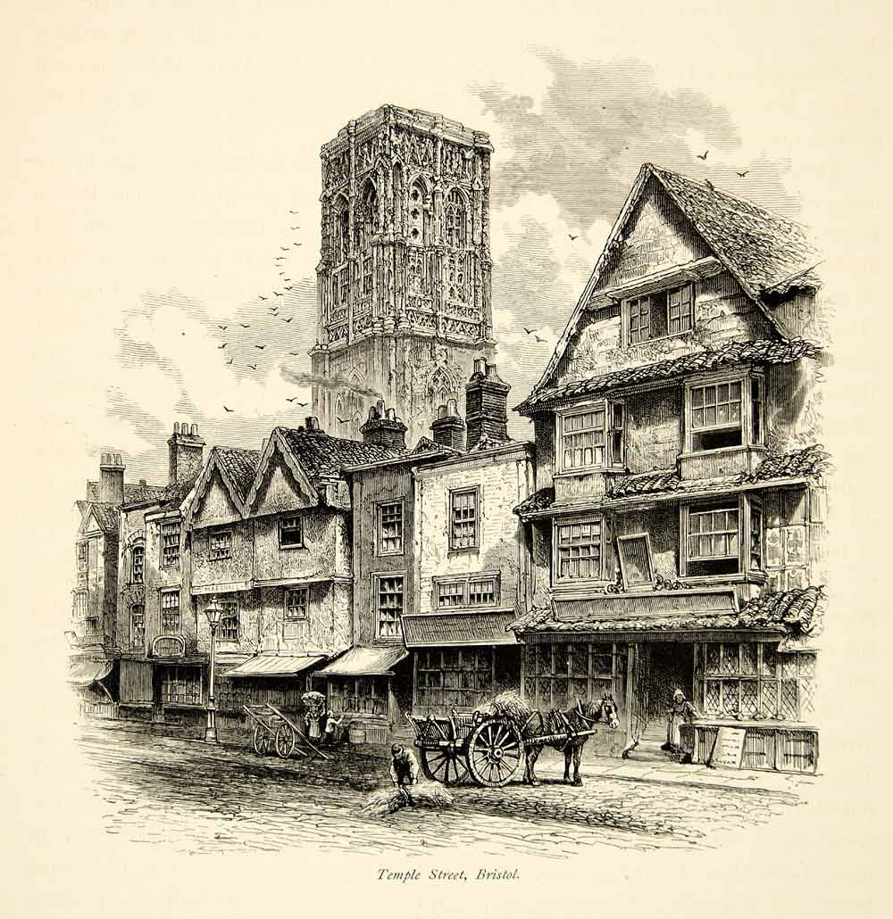 1876 Wood Engraving Temple Street Scene Cityscape Bristol England Hors ...