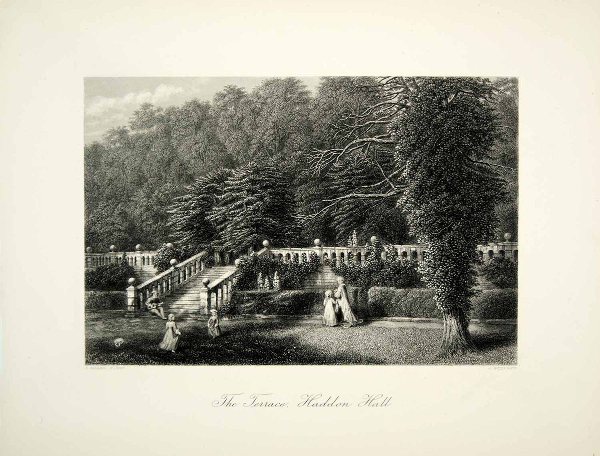 1878 Steel Engraving John Chase Art Terrace Haddon Hall Country Childr ...