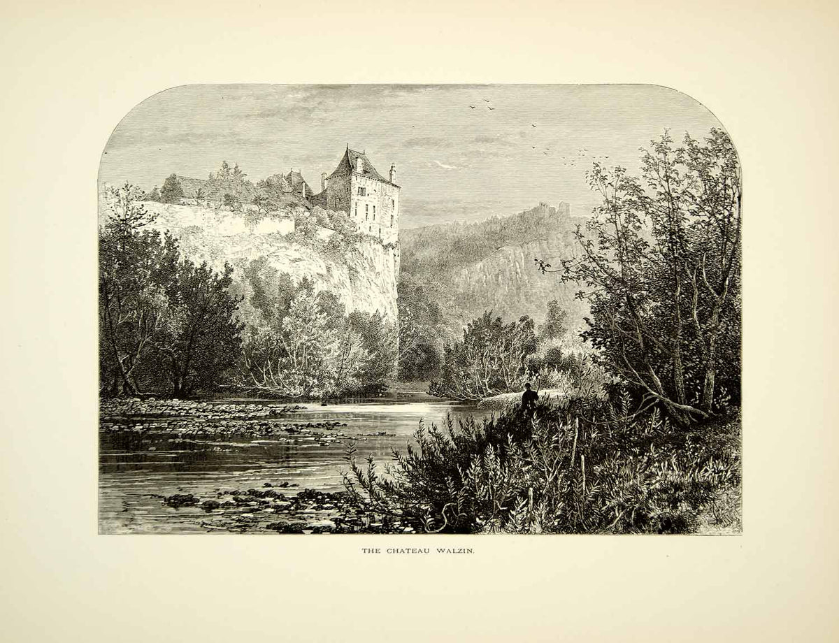1879 Wood Engraving Castle Chateau De Walzin Belgium Lesse River Edwar ...