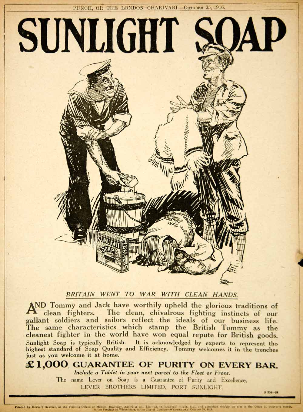 1916 Ad Vintage World War I Sunlight Soap British Seaman Jack Tar Tomm ...