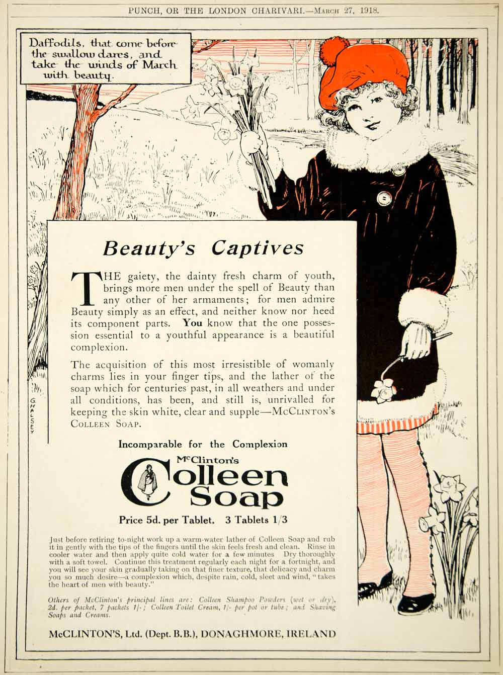 1918 Ad Vintage Colleen Soap Irish Skin Care Girl McClinton's Donaghmo ...