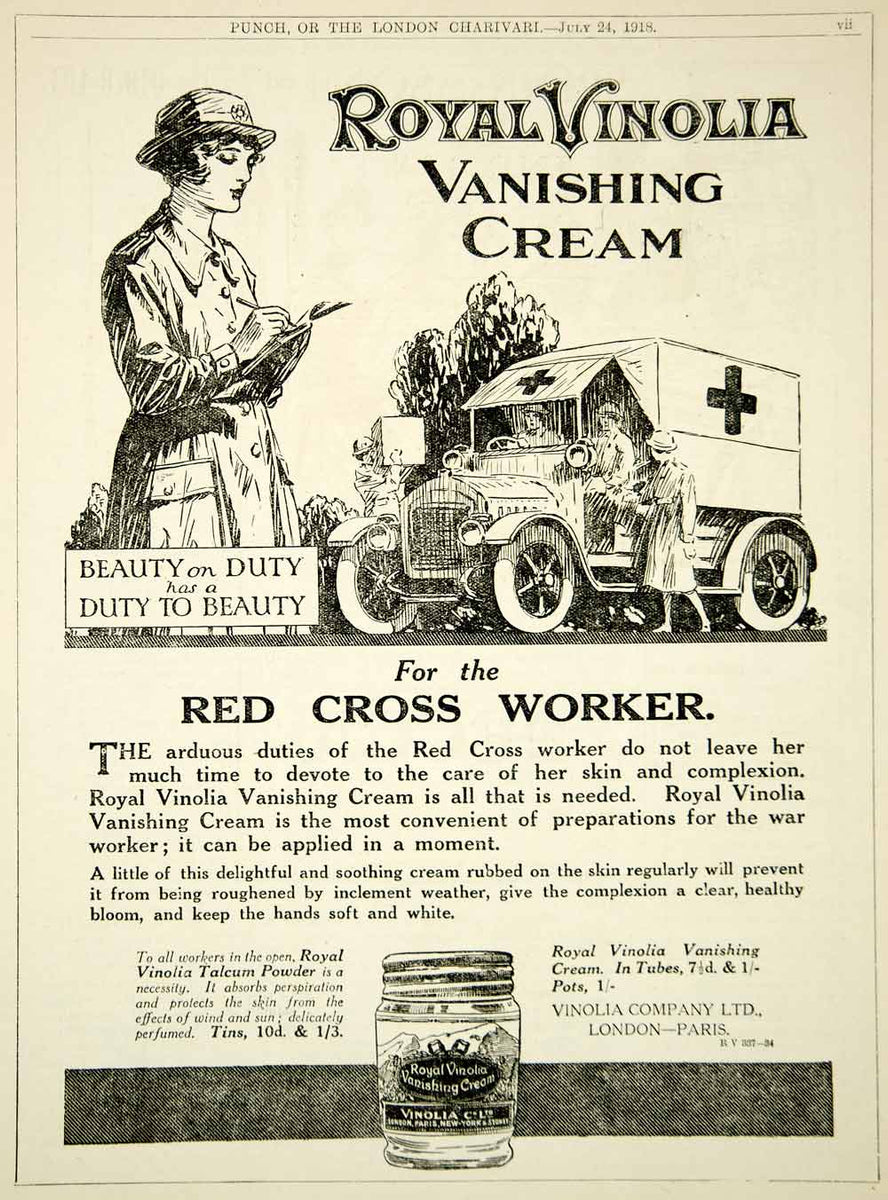 1918 Ad WWI Royal Vinolia Vanishing Cream Red Cross Worker Nurse Ambul ...