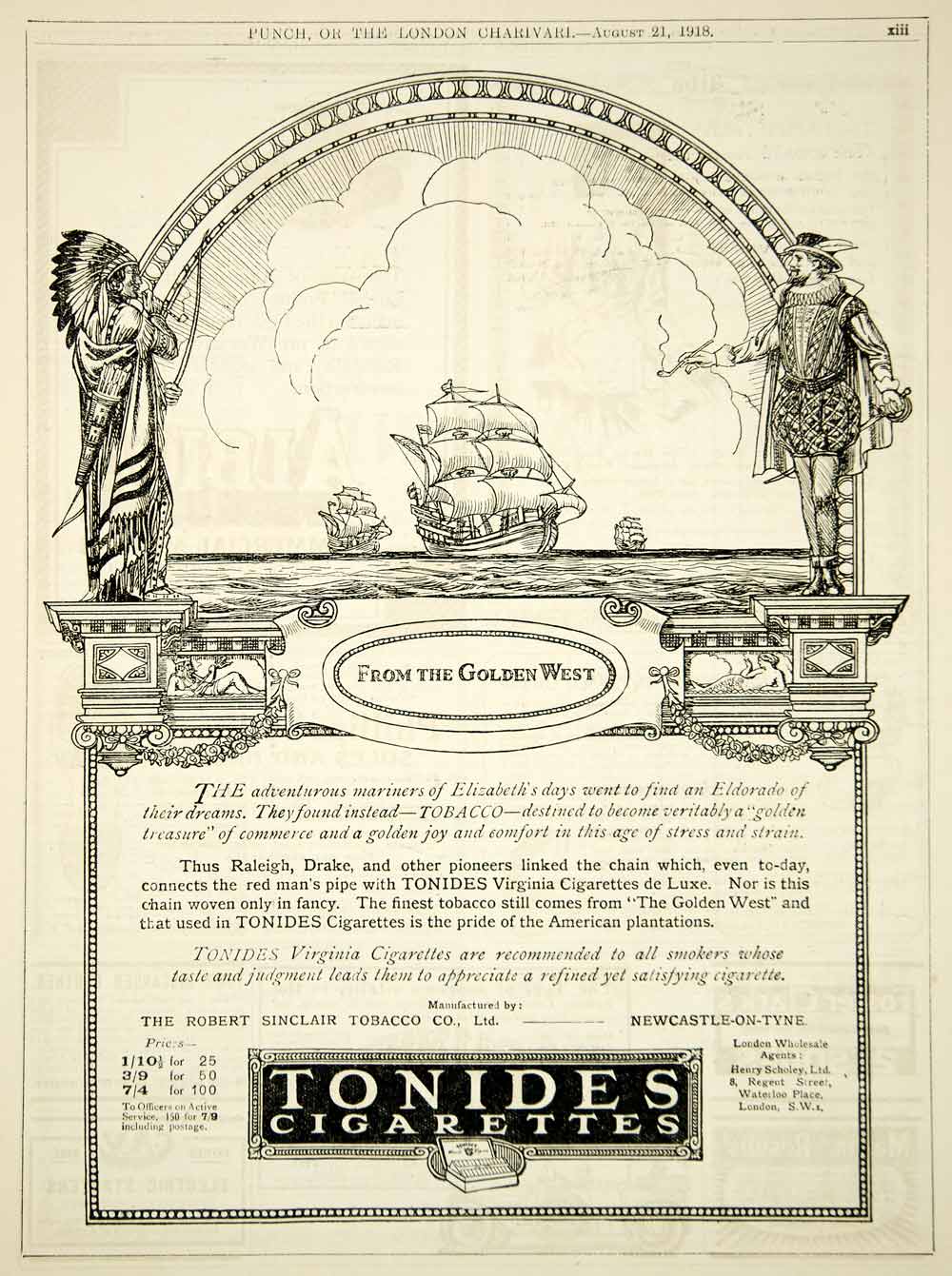1918 Ad Tonides Cigarettes Sir Walter Raleigh Ship Native American Tob ...