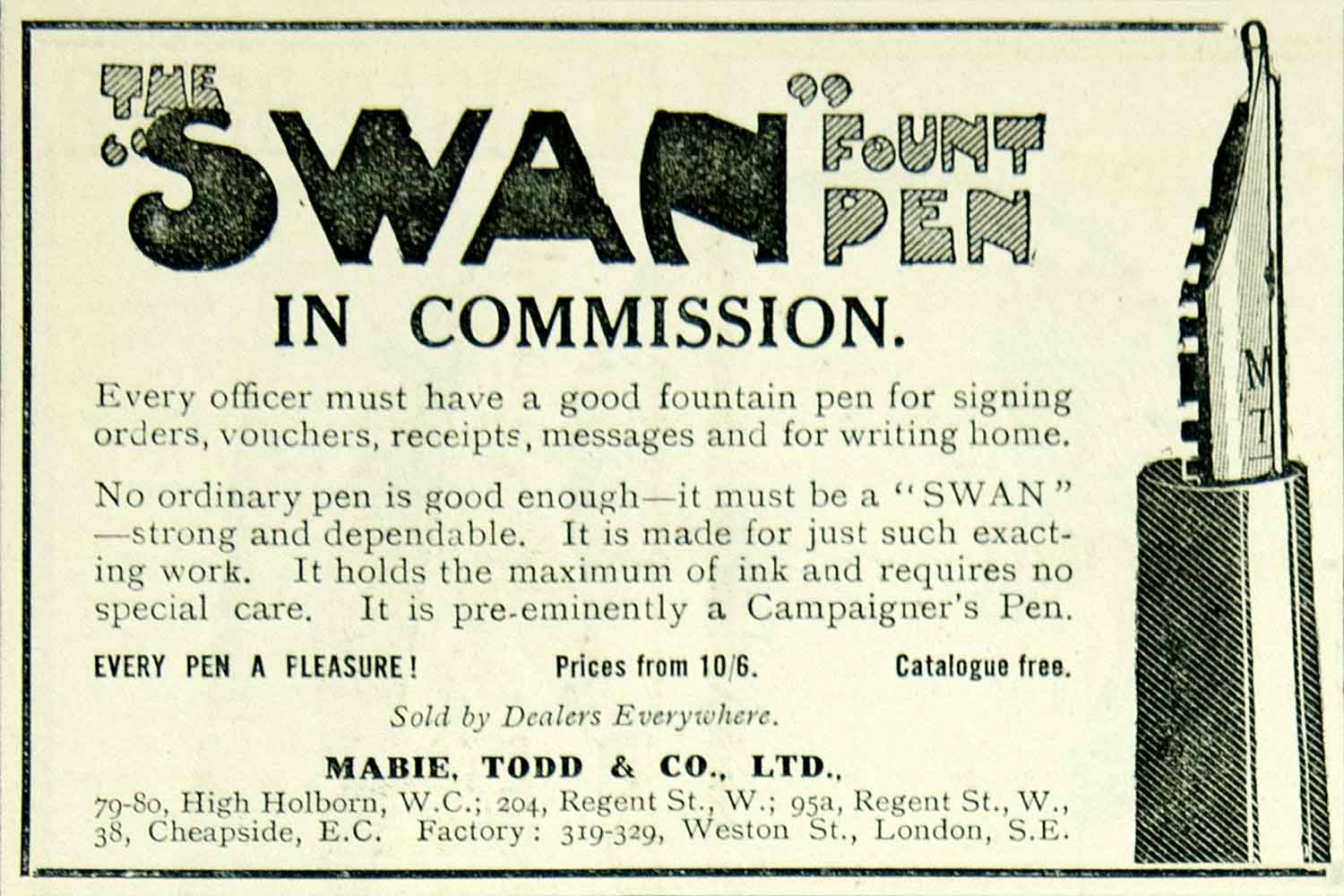 1915 Ad Vintage WWI Swan Fountain Pen Mabie Todd & Co. Writing British ...
