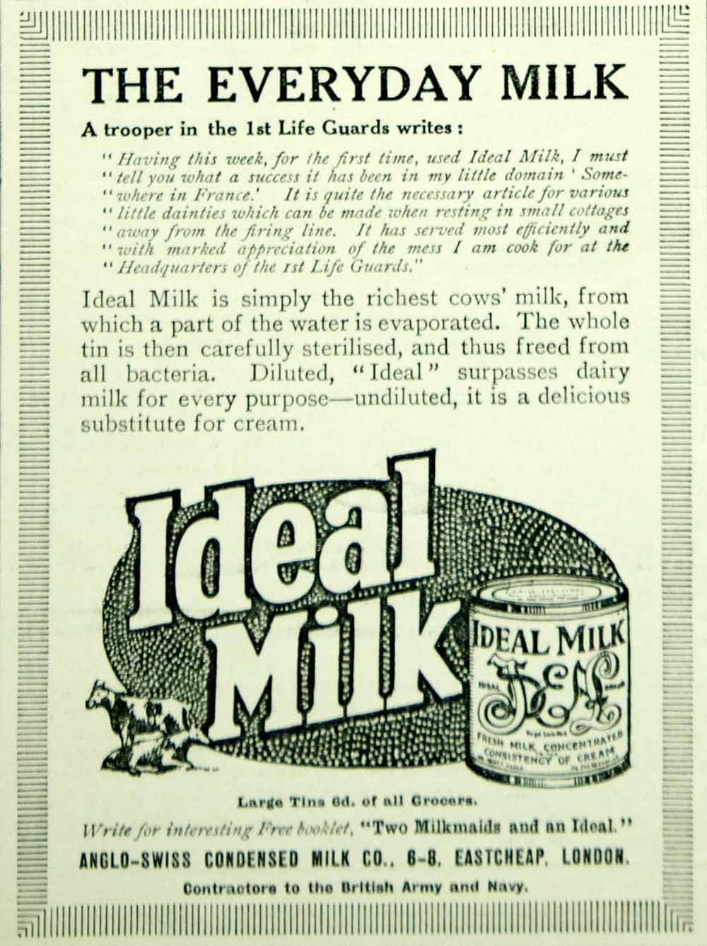 1915 Ad Vintage Ideal Condensed Milk Tinned Food Eastcheap London WWI ...