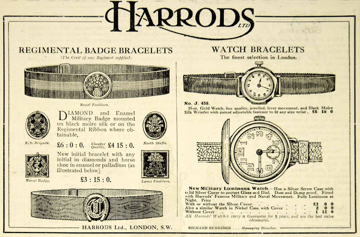 1916 Ad Vintage World War I Regimental Badge Bracelet Watches Harrods ...