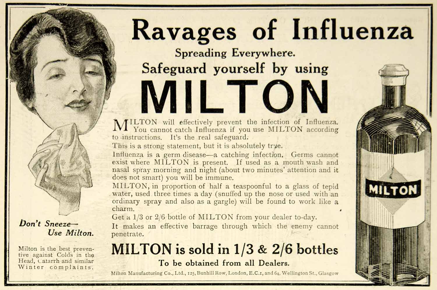 1918 Ad Vintage Milton Antiseptic Disinfectant Influenza Flu Preventio ...
