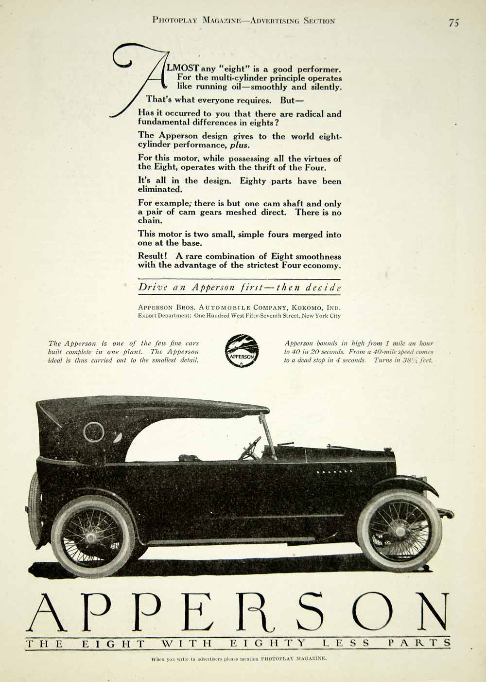 1920 Ad Vintage Apperson Eight Car Automobile Motorcar Kokomo Indiana ...