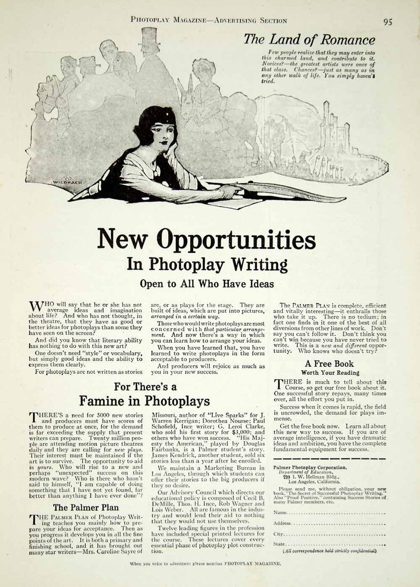 1920 Ad Silent Film Screenwriting Screenwriter Palmer Photoplay Motion ...