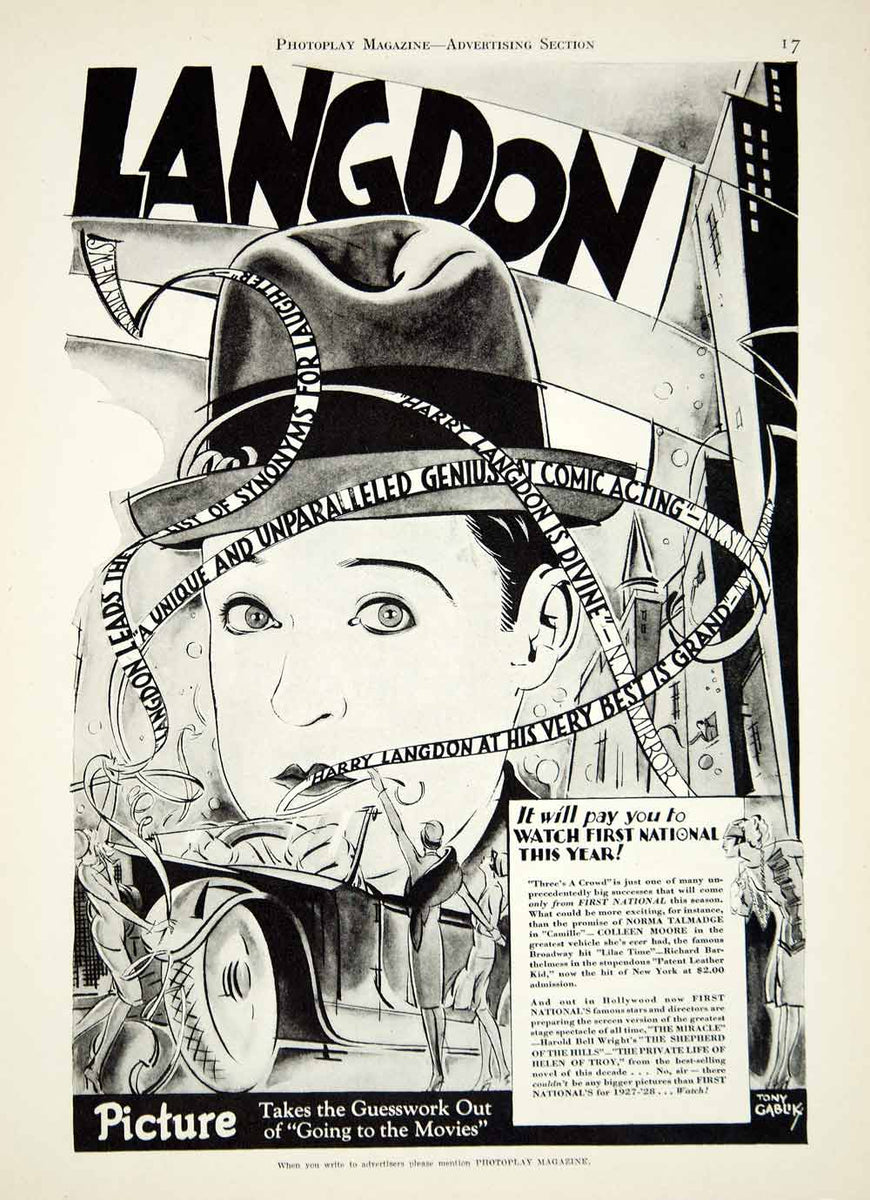 1927 Ad Silent Film Three's a Crowd Harry Langdon Gladys McConnell Ton ...