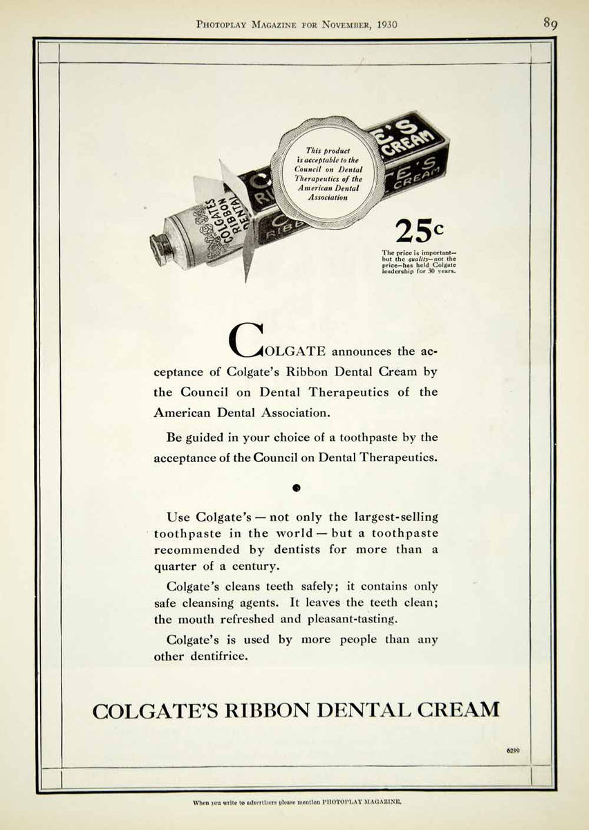 1930 Ad Vintage Colgate's Ribbon Dental Cream Toothpaste Dental Hygien ...
