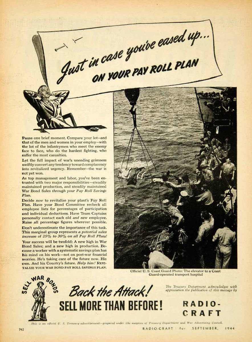 1944 Ad War Bonds U. S. Treasury Sell War Bonds Coast Guard World War ...