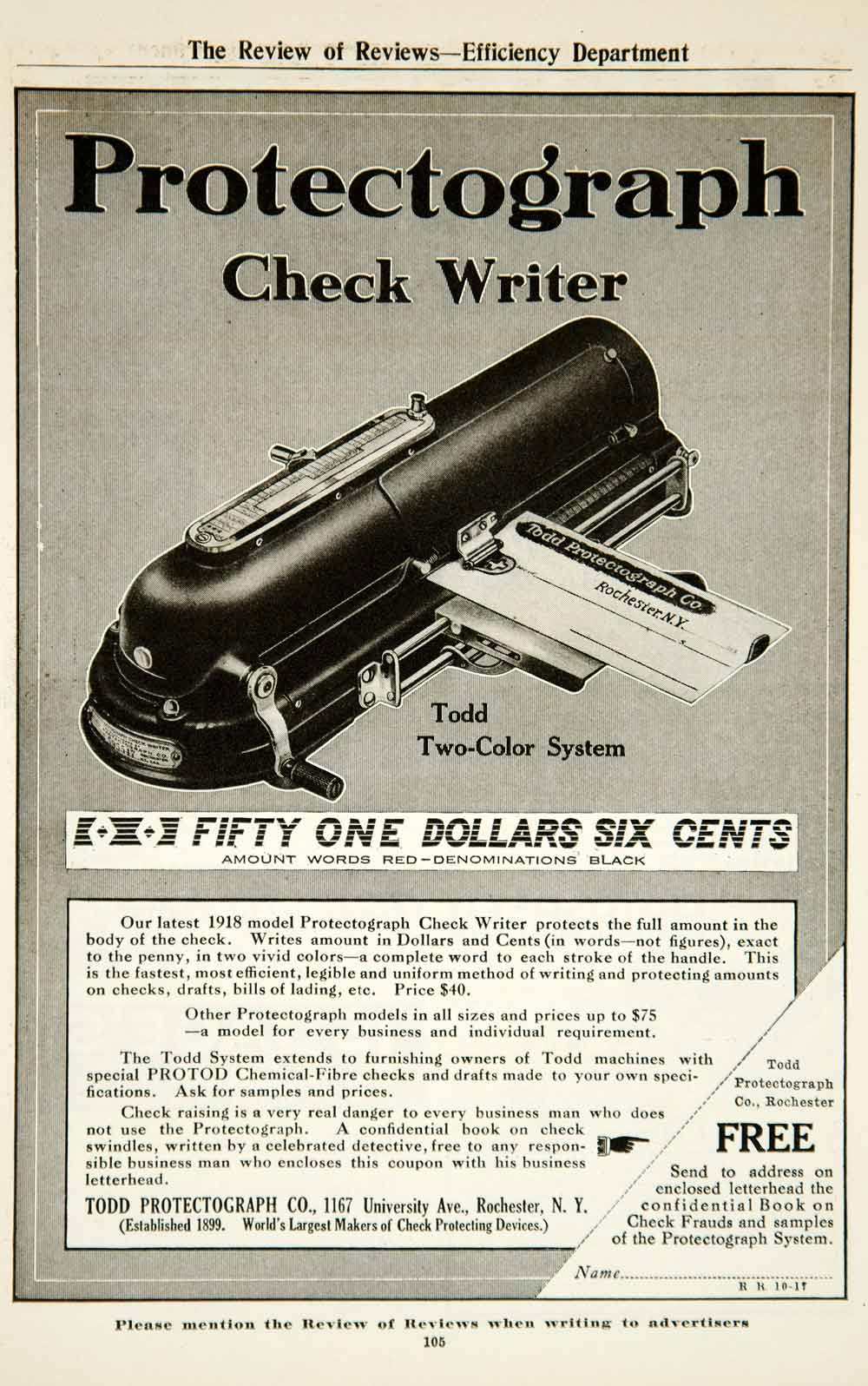 1917 Ad 1918 Model Todd Protectograph Check Writer Machine Finance Ban ...