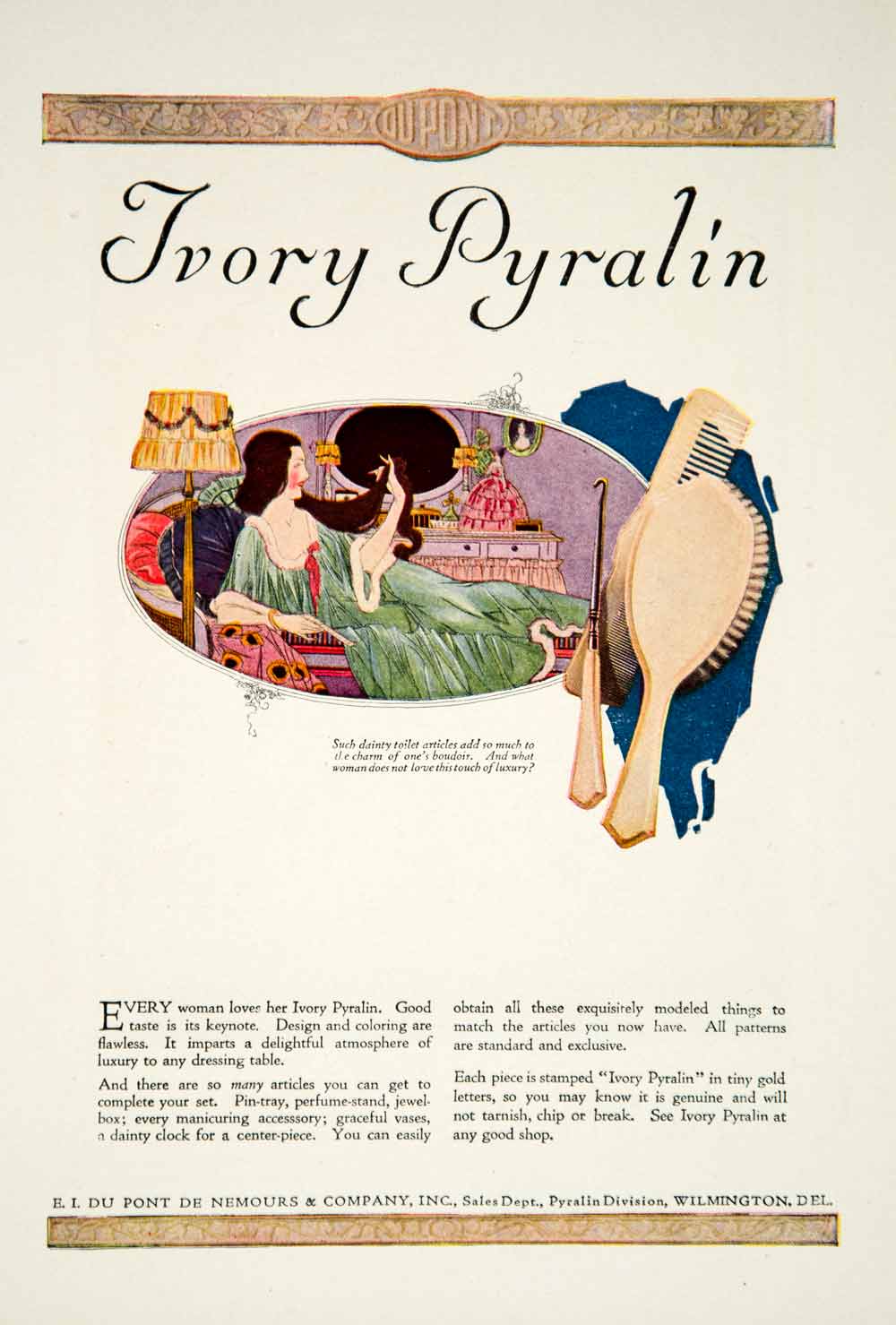 1920 Ad E.I. Du Pont De Nemours Company Ivory Pyralin Brush Comb Hair ...