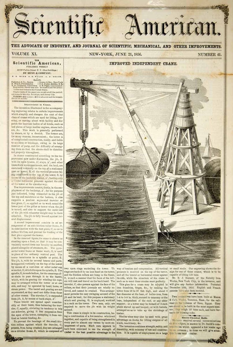 1856 Article Antique Crane Derrick Victorian Invention Scientific Amer ...