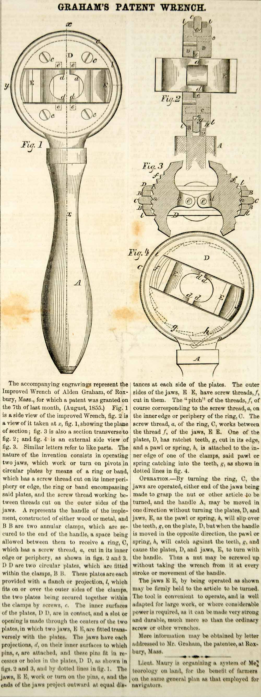 1855 Wood Engraving Antique Wrench Tool Mechanical Invention Alden Gra ...