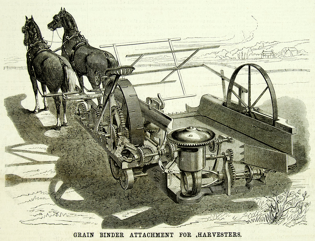 1873 Wood Engraving Antique Harvester Machine Grain Binder Invention H ...