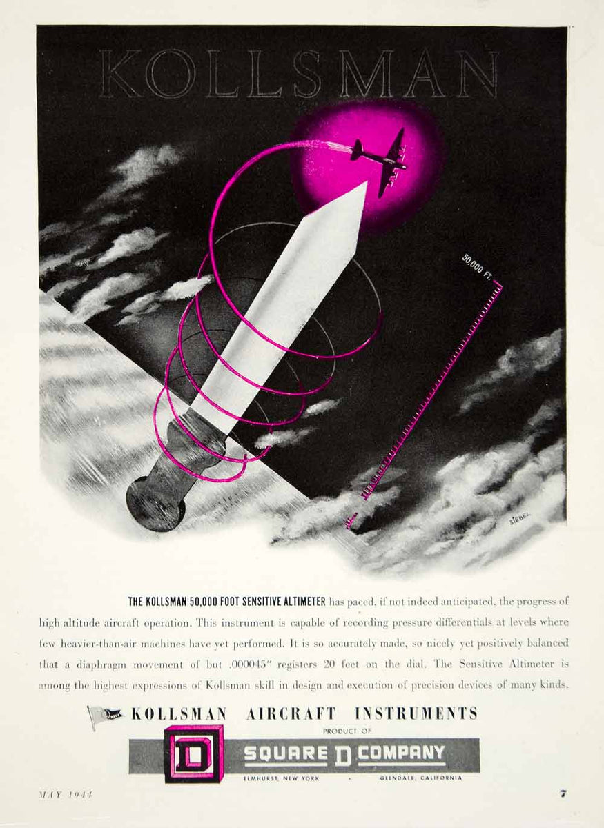 1944 Ad Kollsman Aircraft Instruments Square D Altimeter WWII Airplane ...