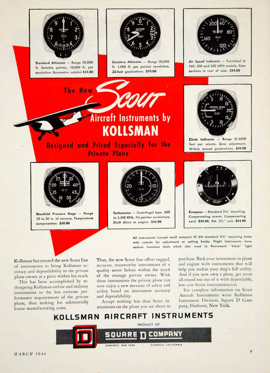 1946 Ad Kollsman Scout Line Aircraft Instrument Square D Airplane Avia ...