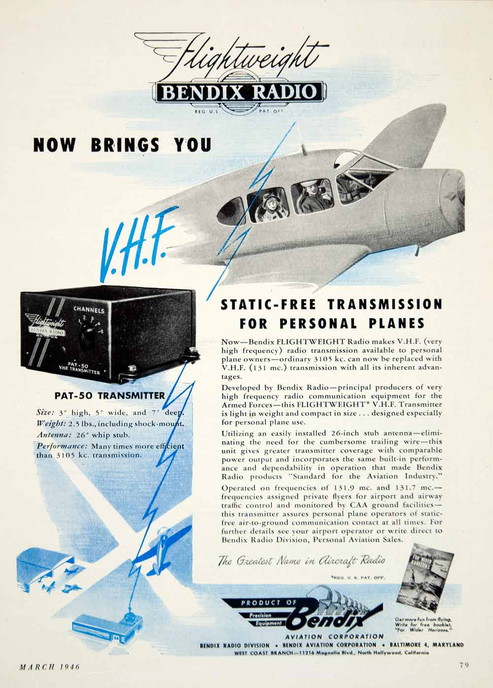 1946 Ad Flightweight Bendix Aviation PAT-50 VHF Radio Aircraft Airplan ...