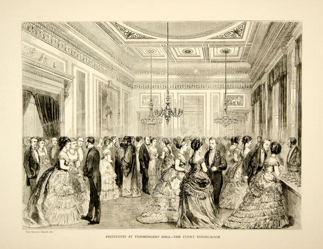 1870 Wood Engraving Art Fishmongers Hall Dance Ball London England Vic ...