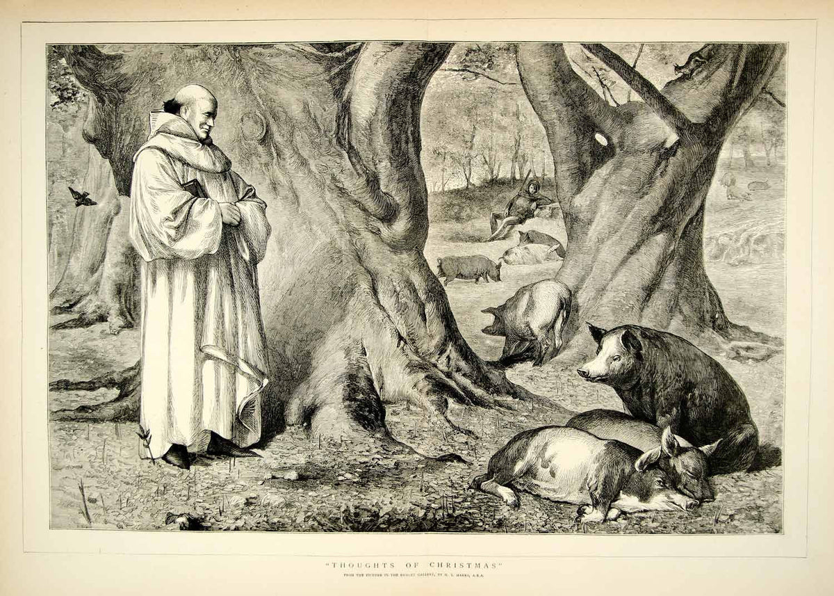 1871 Wood Engraving Art HS Marks Catholic Priest Pigs Forest Thoughts ...