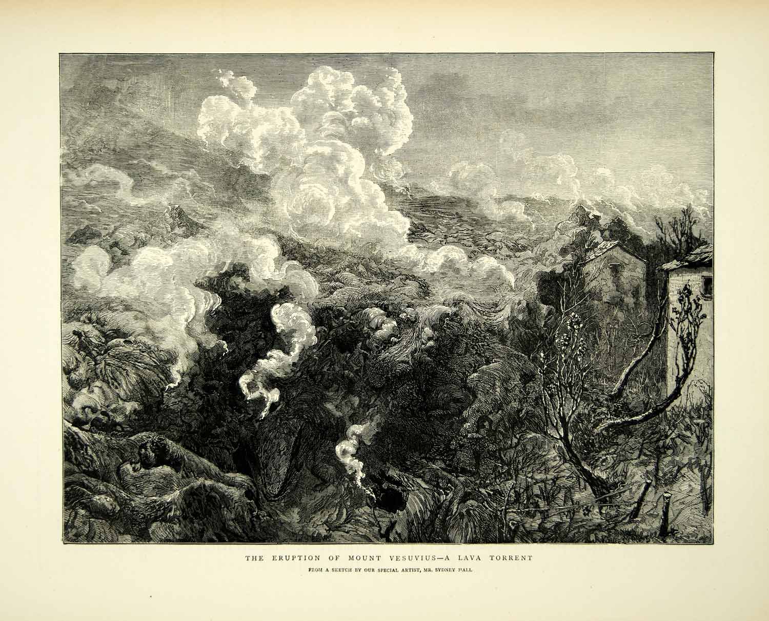 1872 Wood Engraving Sydney Hall Art Eruption Mt Vesuvius Italy Lava Fl ...